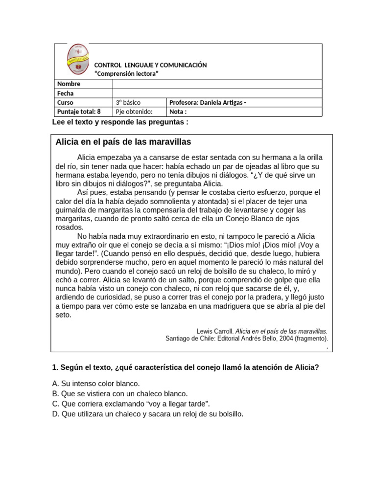 Ejercicios de comprensión: Alicia | PDF | Alicia (Las aventuras de ...