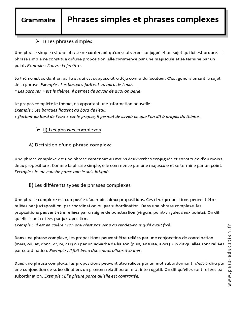 Phrases simples et complexes en 4ème | PDF