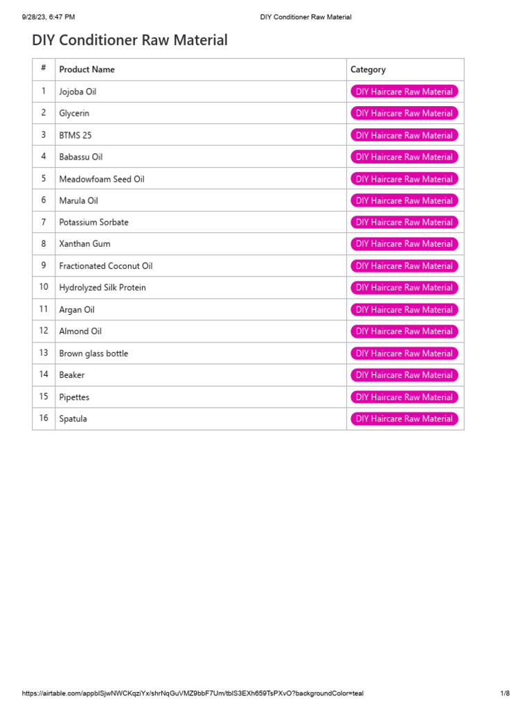 Airtable - DIY Conditioner Raw Material | PDF | Hair Care | Human Hair