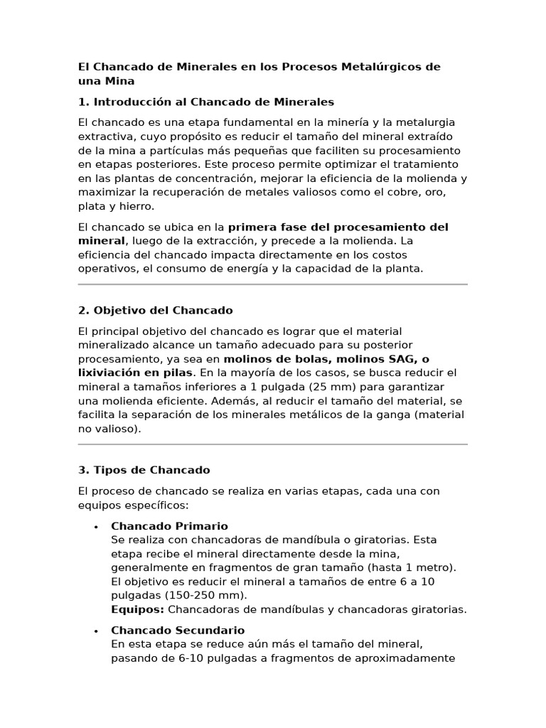El Chancado de Minerales en Los Procesos Metalúrgicos de Una Mina | PDF | Metalurgia | Minería