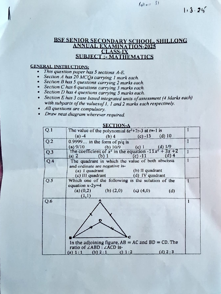 Class IX Maths Annual Exam Paper | PDF | Euclidean Geometry ...