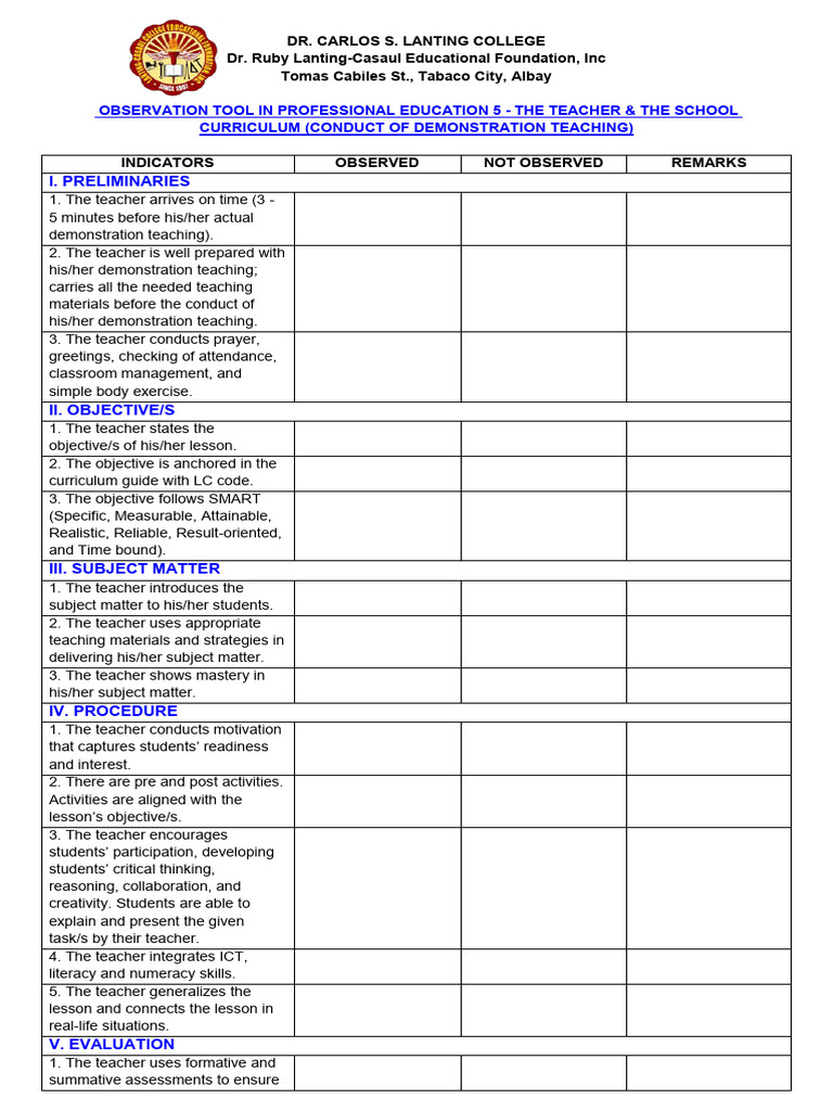 Classroom Observation Tool 2024-2025 | PDF | Teachers | Educational ...