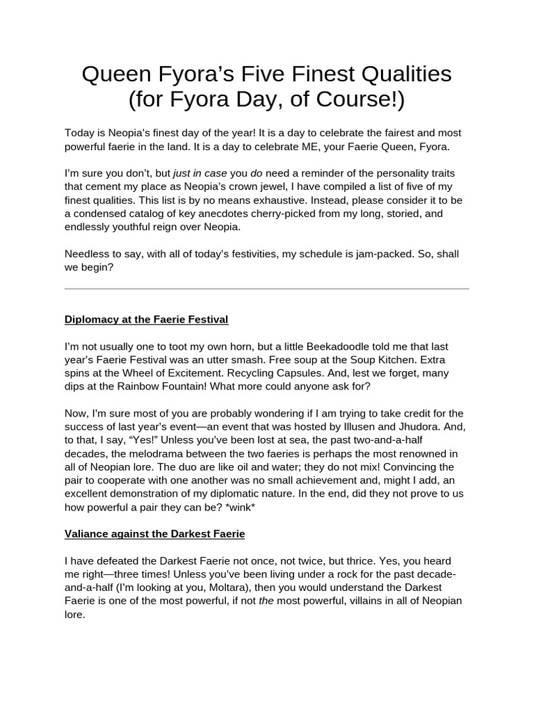 Fyora's Five Finest Qualities | PDF