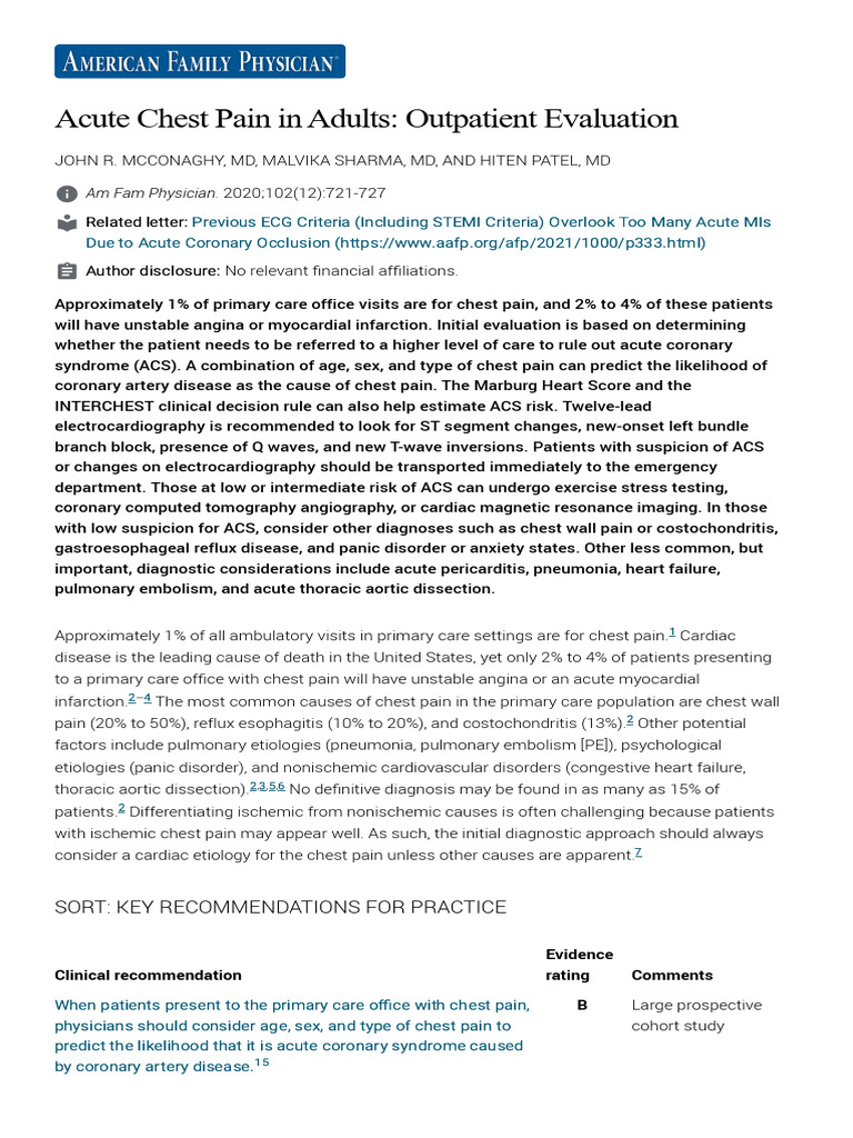 Acute Chest Pain in Adults - Outpatient Evaluation - AAFP | PDF | Myocardial Infarction ...