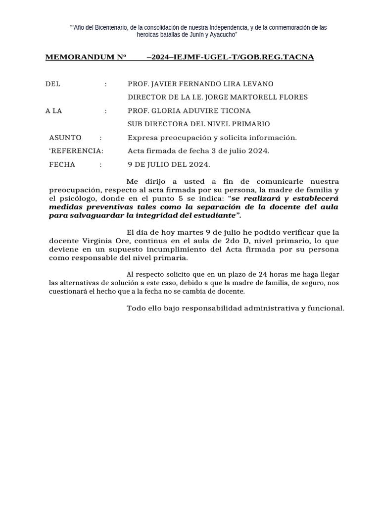 Memo Sub Directora Priaria - Caso Violencia | PDF