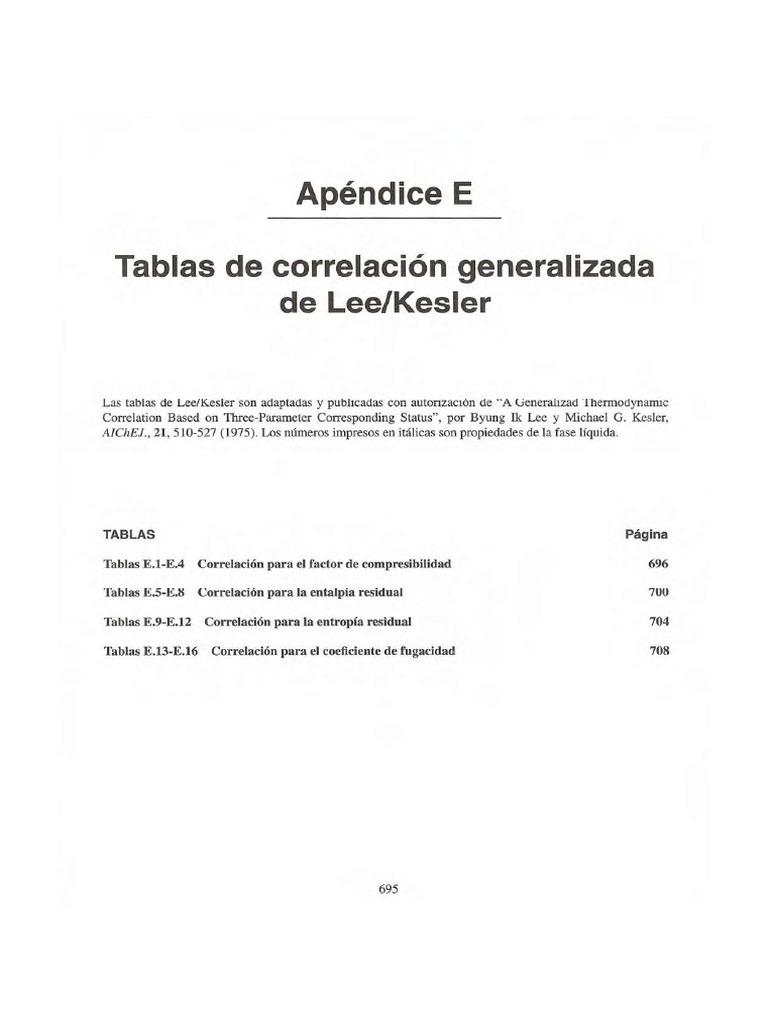 Apéndice E, Termo, Smith, Tabla de Correlaciones de Lee Kesler | PDF