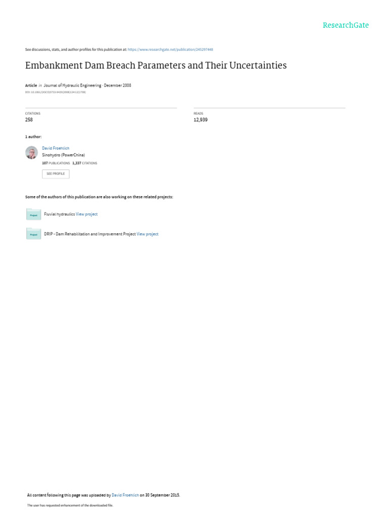 Embankment Dam Breach Parametersand Their Uncertainties Froehlich | PDF ...