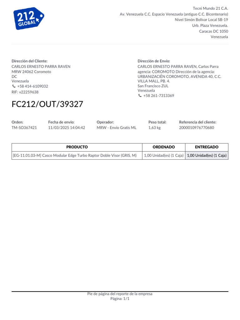 FC212/OUT/39327: Dirección Del Cliente: Dirección de Envío | PDF