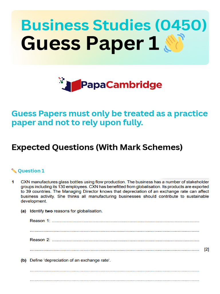 New IGCSE Business Studies 0450 Guess Paper 1 | PDF