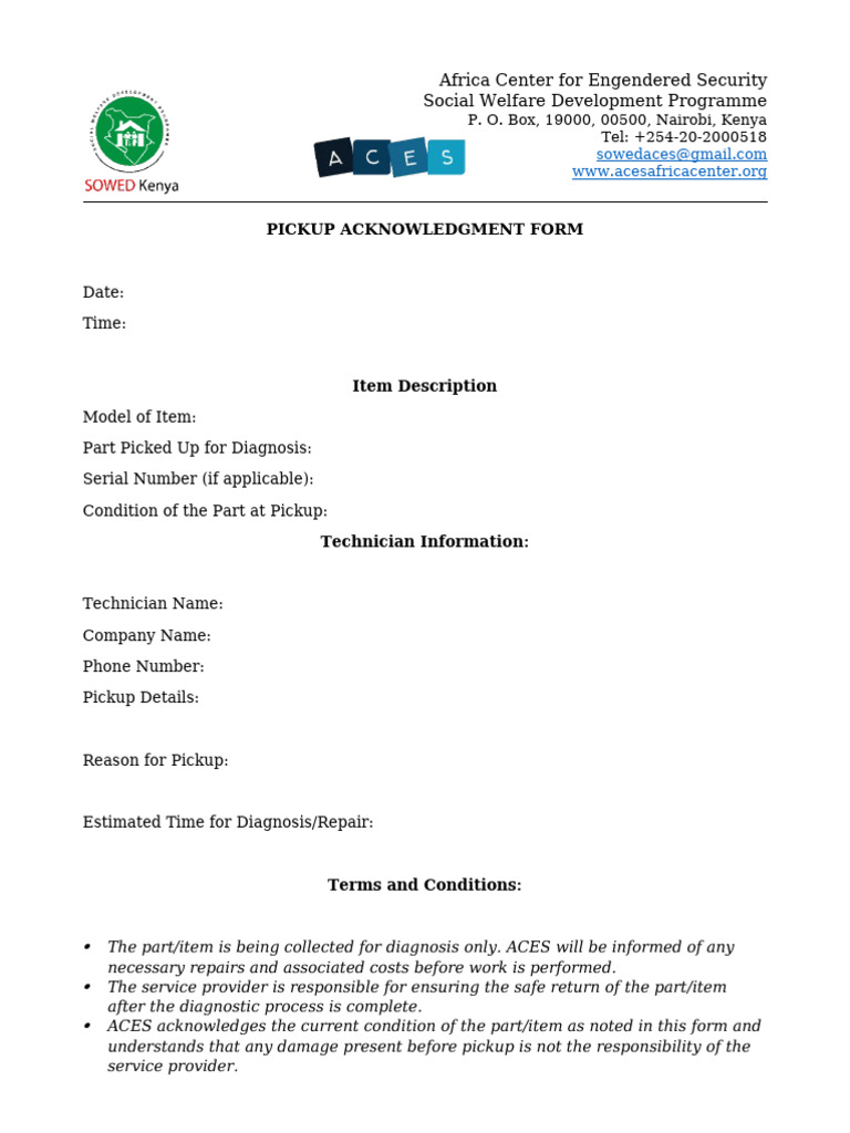 Pickup Acknowledgment Form Template | PDF