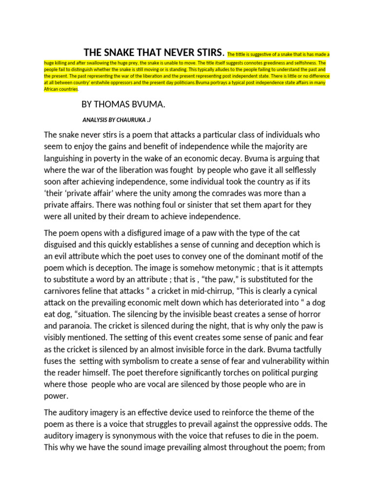 Analysis of "The Snake That Never Stirs" | PDF