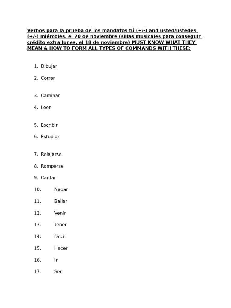 Spanish 3h Verbos para Sillas Musicales Sobre Mandators | PDF