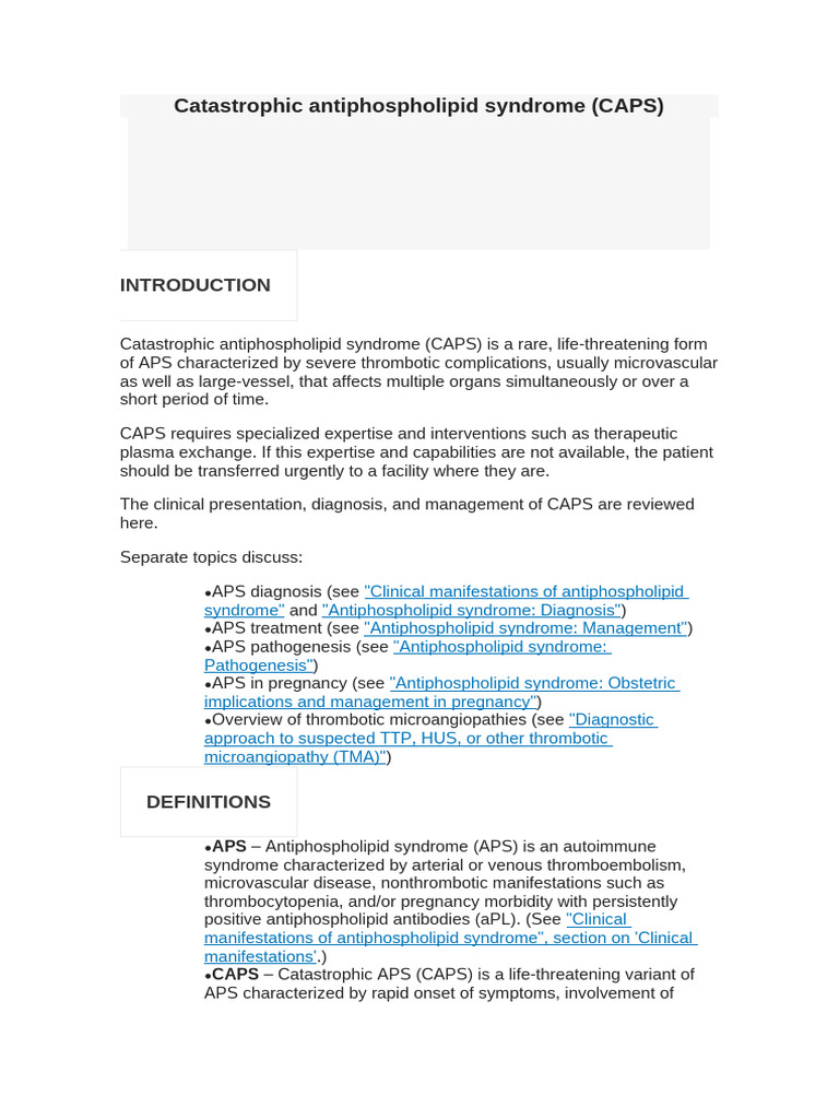 Catastrophic antiphospholipid syndrome | PDF | Thrombosis | Coagulation