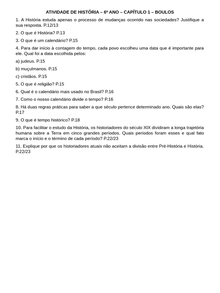 Atividade de Hst. 6º Ano - Cap. 1 - Boulos | PDF