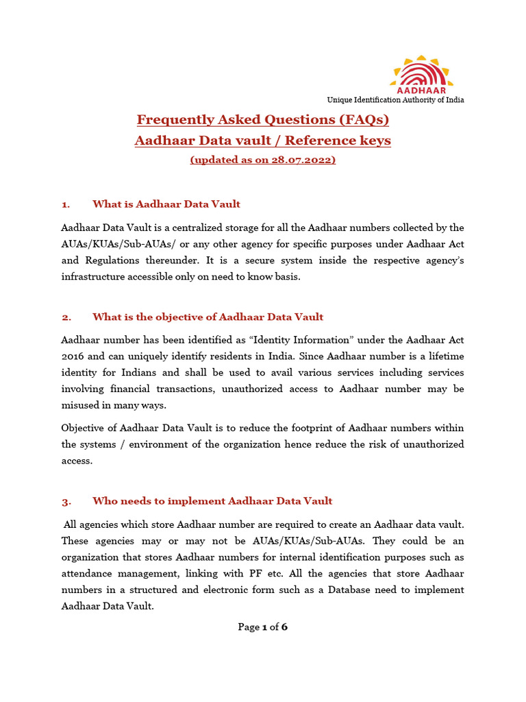FAQs Aadhaar Data Vault V 1 0 13122017 | PDF | Databases | Encryption
