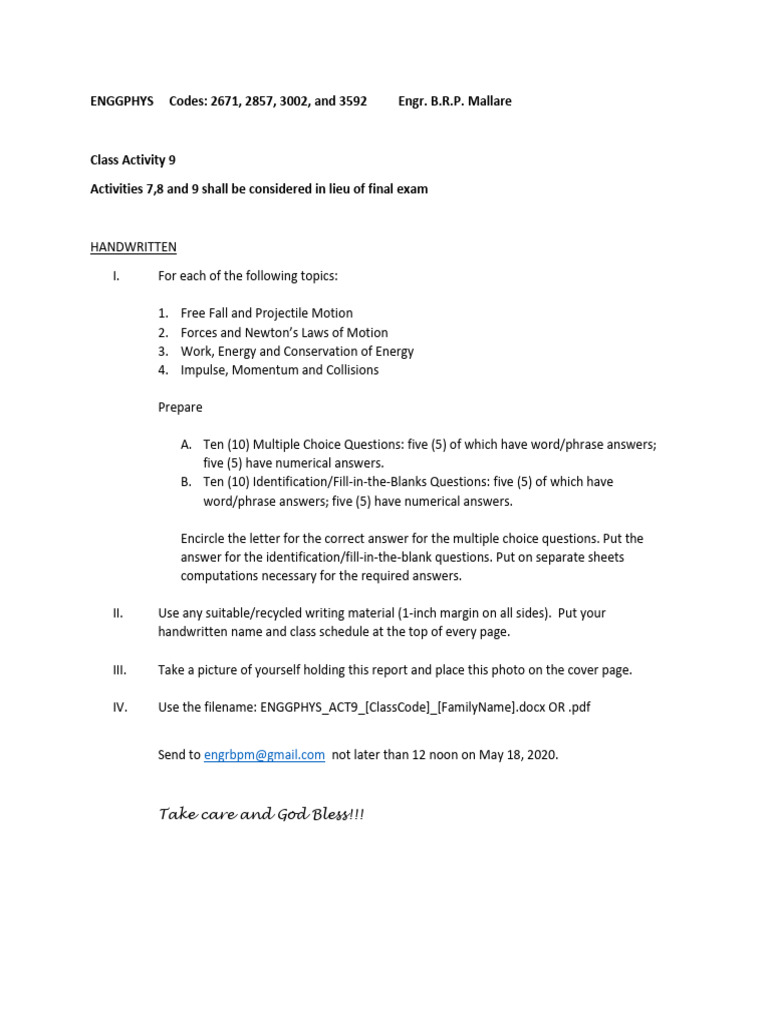 EnggPhys Class Activity 9 Guidelines | PDF