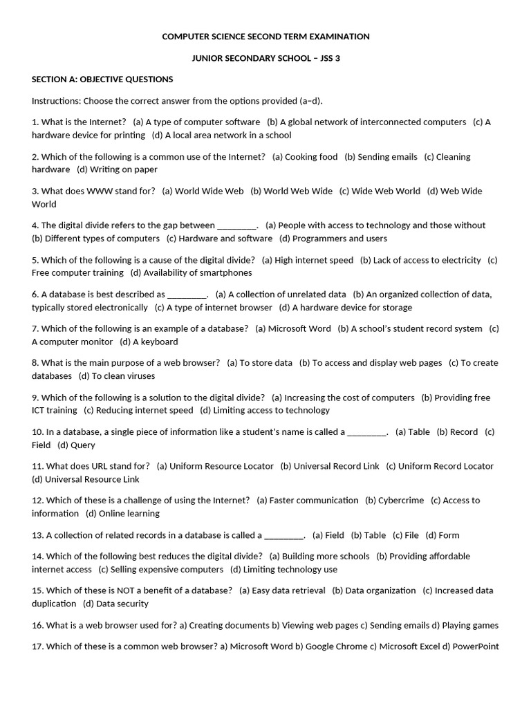COMPUTER SCIENCE Exam JSS 3 | PDF | World Wide Web | Internet & Web