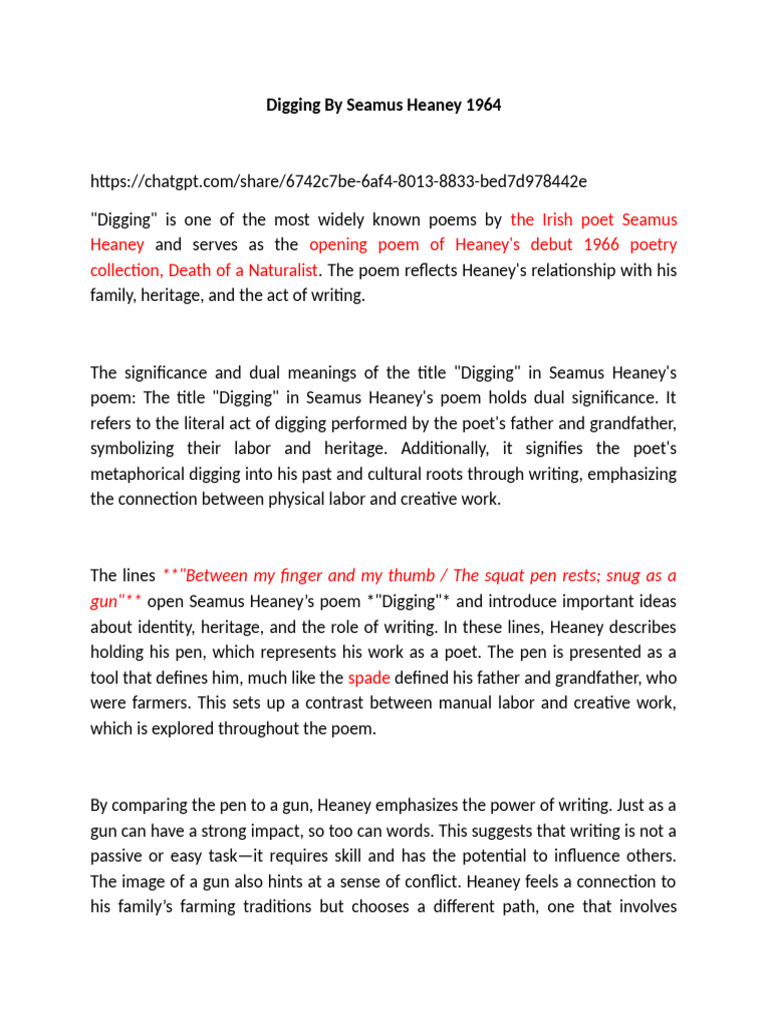 Digging by Seamus Heaney 1964 | PDF | Poetry