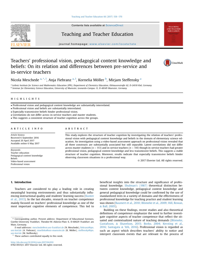 Meschede Et Al. (2017) - Teachers' Professional Vision, PCK and Beliefs. On Its Relation and ...