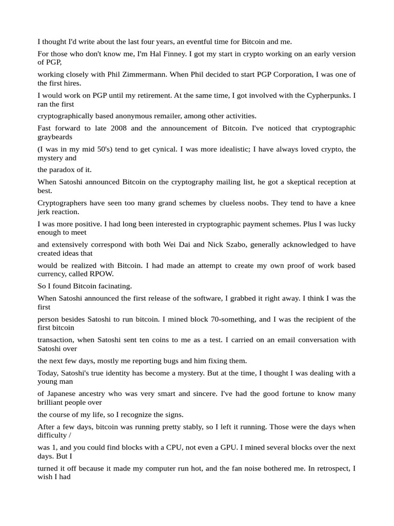Hal Finney's Bitcoin Journey and Legacy | PDF | Applications Of ...