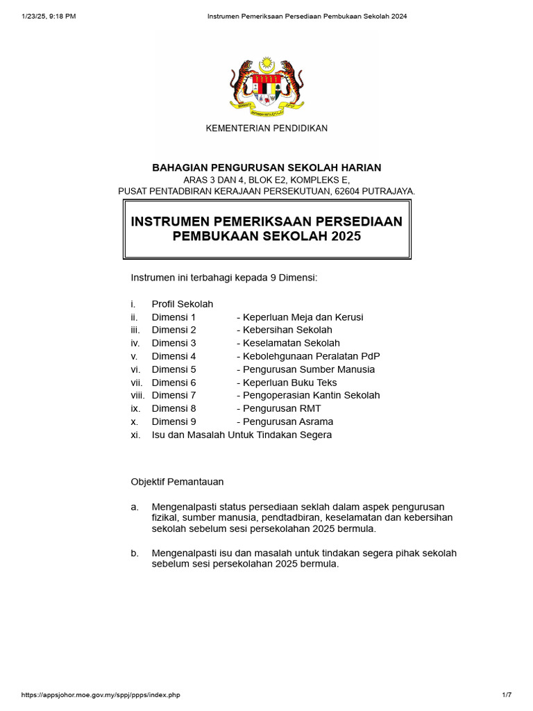 Pemantauan Persediaan Pembukaan Sekolah 2024 | PDF