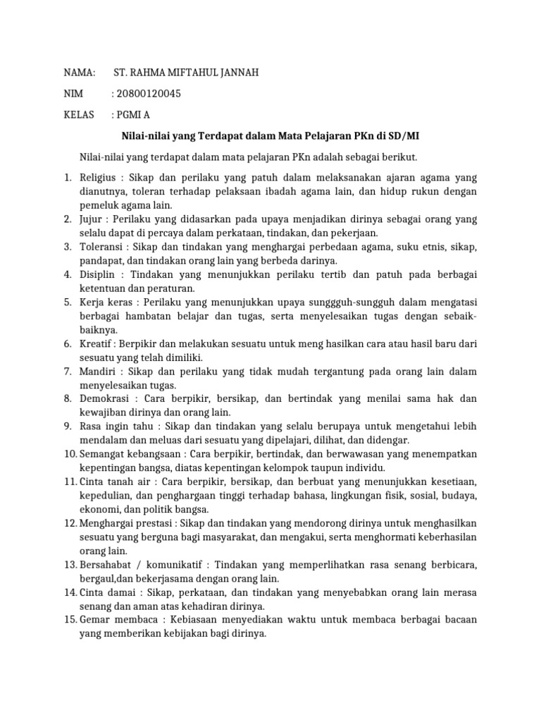 St. Rahma Miftahul Jannah_nilai-nilai dalam mapel PKn | PDF