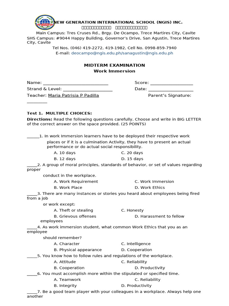 Work Immersion Midterm Examination | PDF | Employment | Job Interview