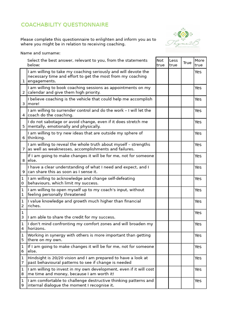 Coachability Questionnaire 2024 | PDF | Social Psychology | Cognition