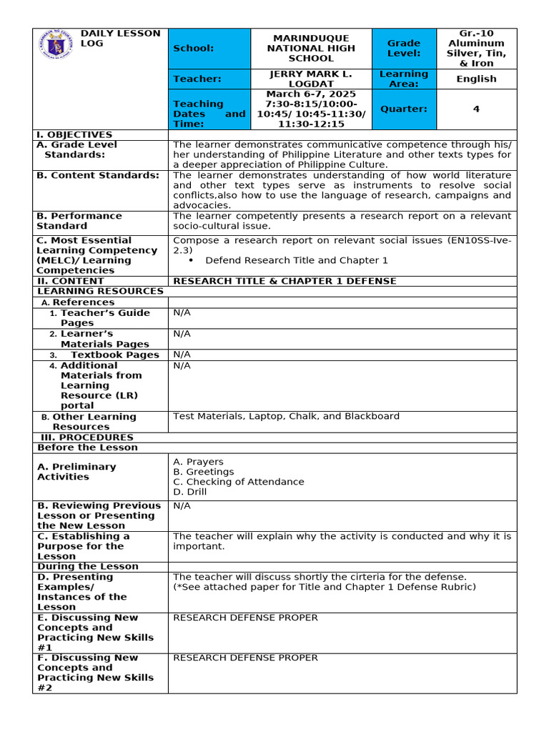Grade 10 Research Defense Guidelines | PDF | Learning | Human Communication