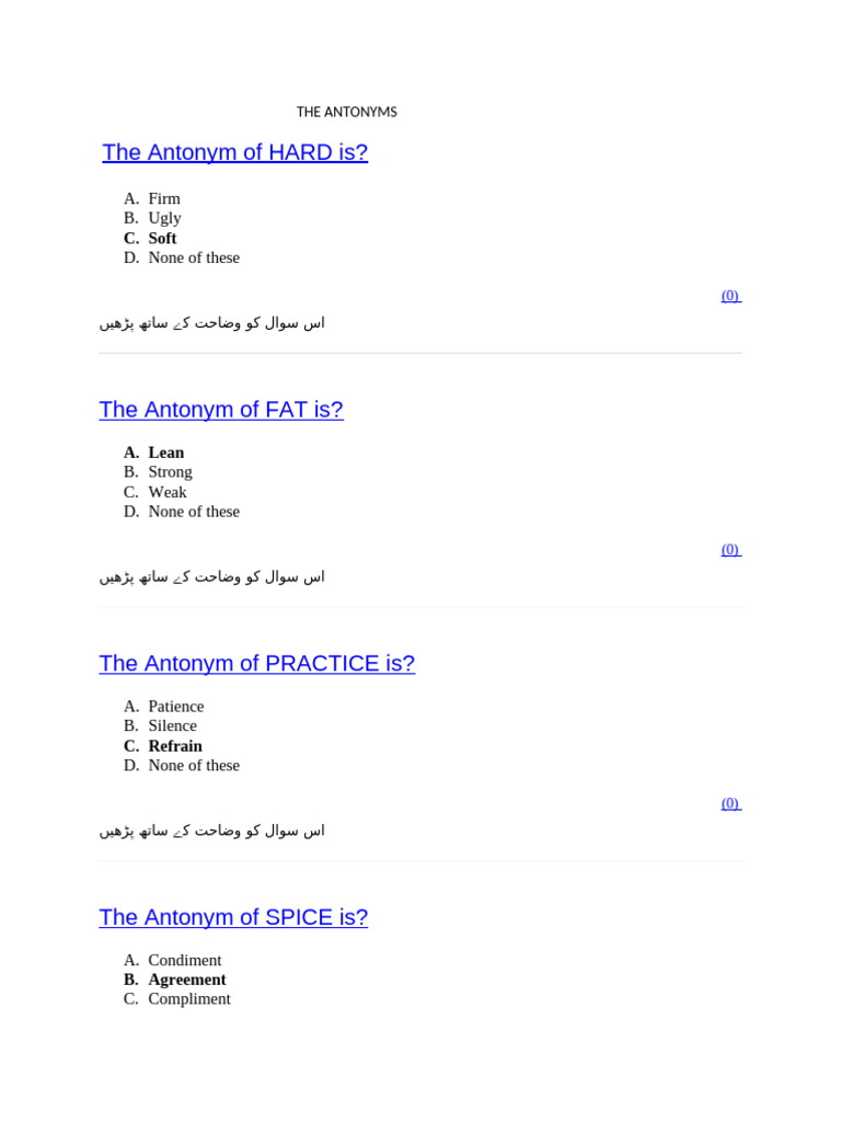 Common Antonyms Quiz Questions | PDF