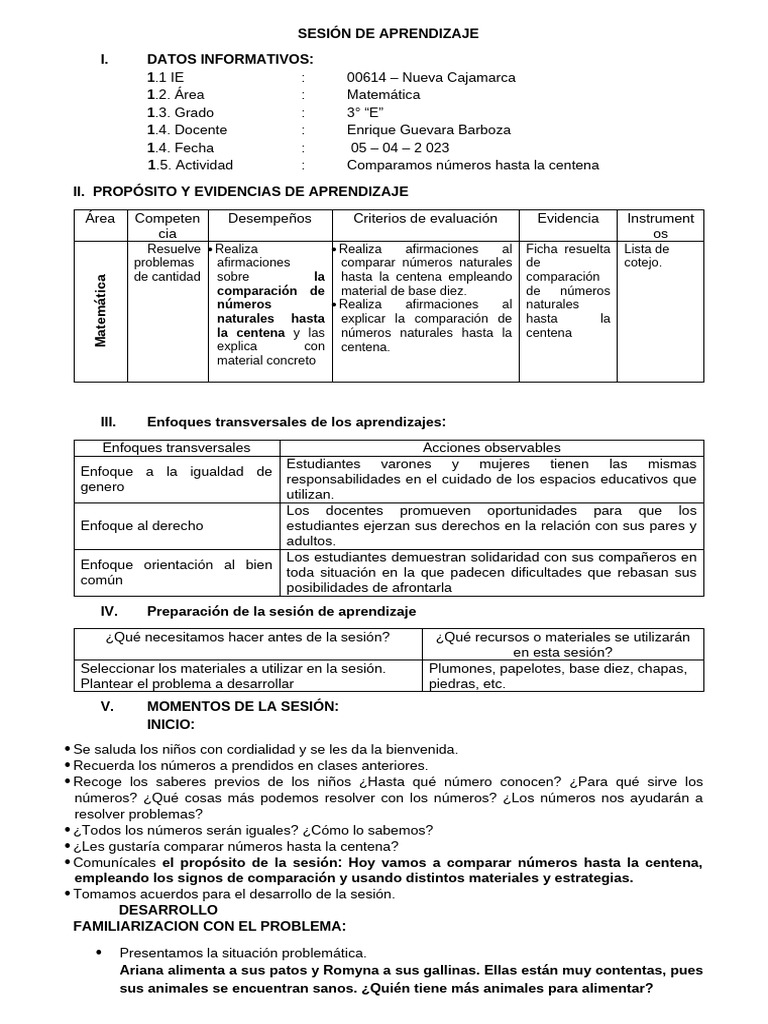 SESIÓN MAT. COMPARAMOS NUMEROS HASTA LA CENTENA | PDF | Cognición | Aprendizaje