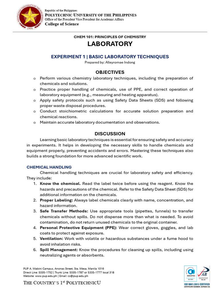 [CHEM101-EXP1] BASIC LABORATORY TECHNIQUES (1) | PDF | Filtration | Laboratories