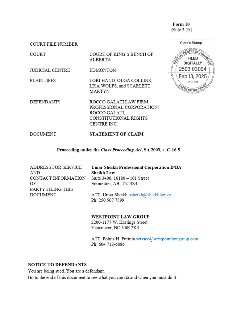 2025-02-13 - Statement of Claim (Hand V Galati) | PDF | Pleading | Lawsuit