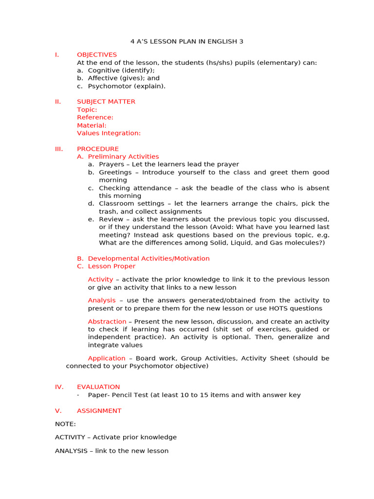 4 A's Lesson Plan for English 3 | PDF
