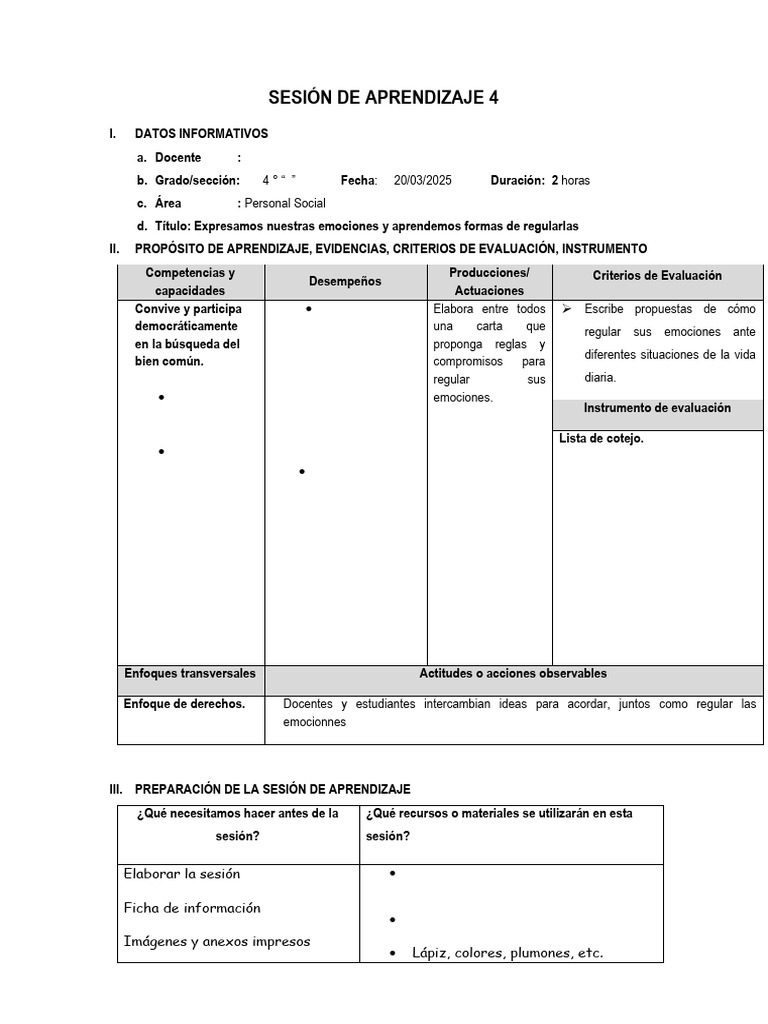 Sesión de Aprendizaje 4 | PDF | Las emociones | Aprendizaje