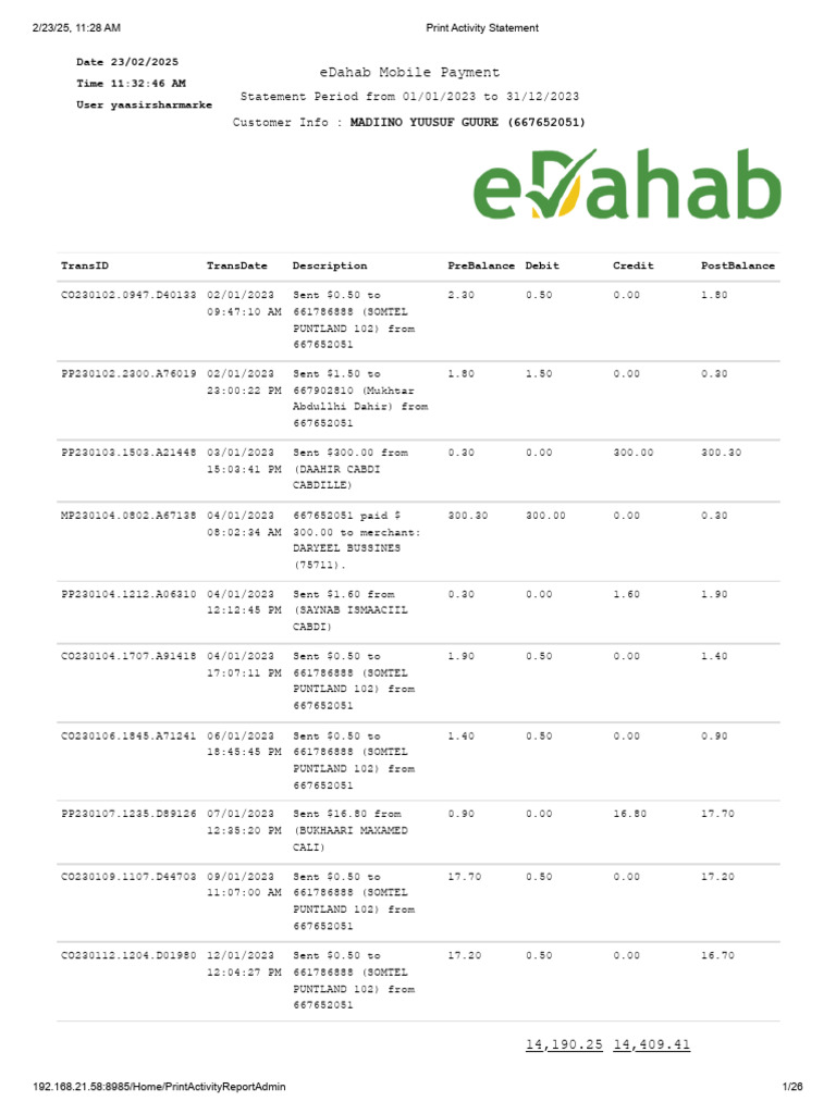 Edahab Mobile Payment: Statement Period From 01/01/2023 To 31/12/2023 ...