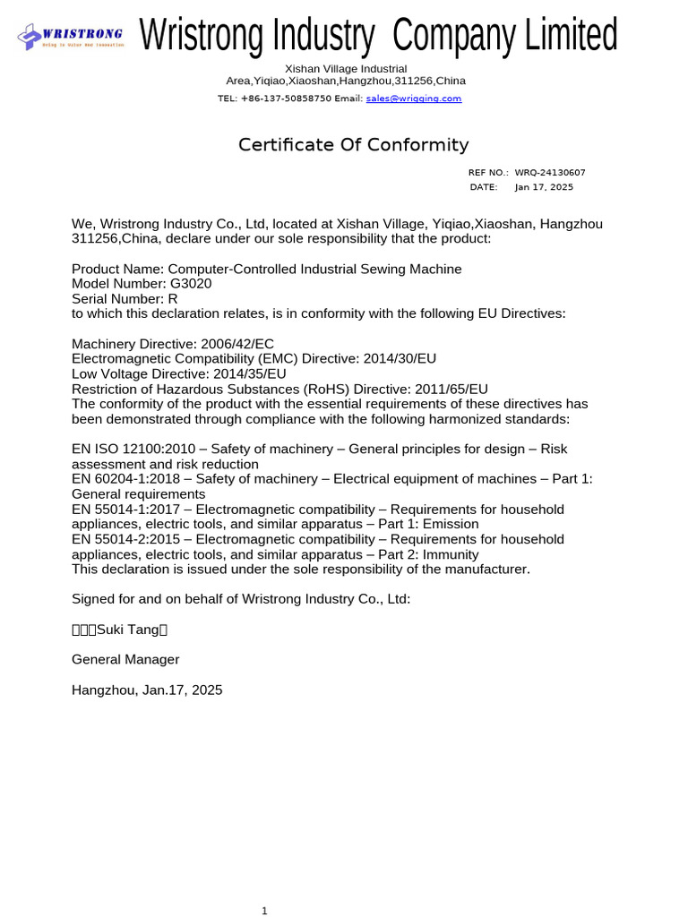 Sewing Machine CE Certificate 2025 | PDF