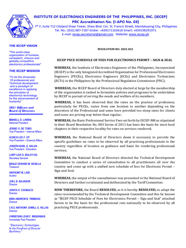 IECEP PECE Fee Schedule 2021 | PDF