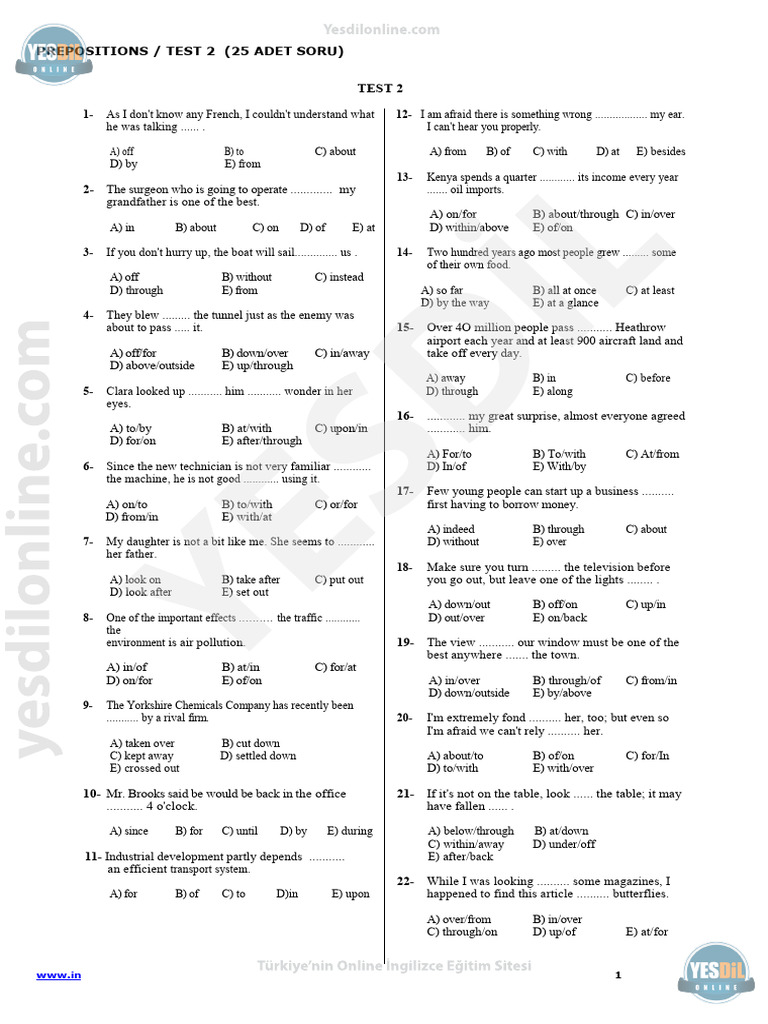 Prepositions Test 2: 25 Questions | PDF