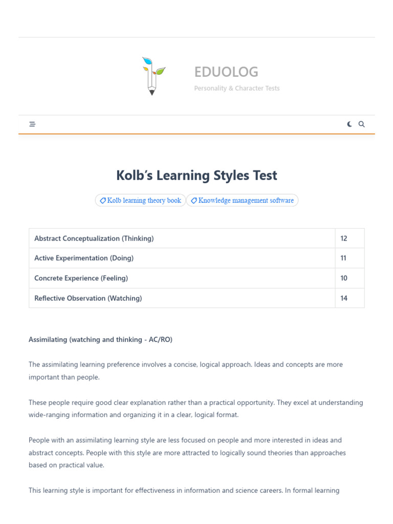 Kolb's Learning Styles Test - Eduolog | PDF
