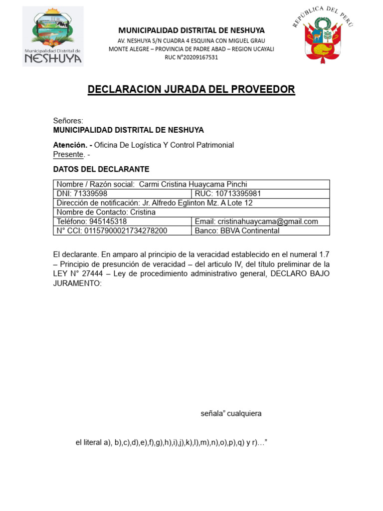 Declaracion Jurada de Proveedor | PDF | Corrupción política