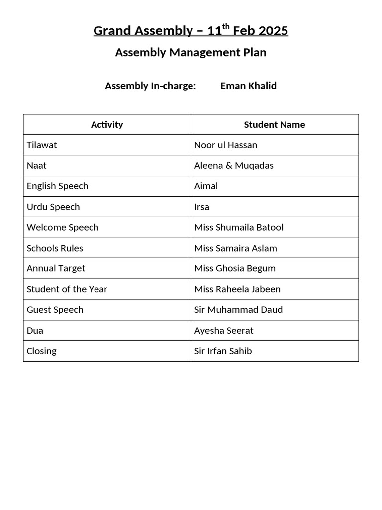 Grand Assembly Management Plan | PDF