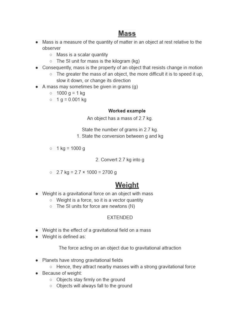 Physics Notes | PDF | Weight | Density