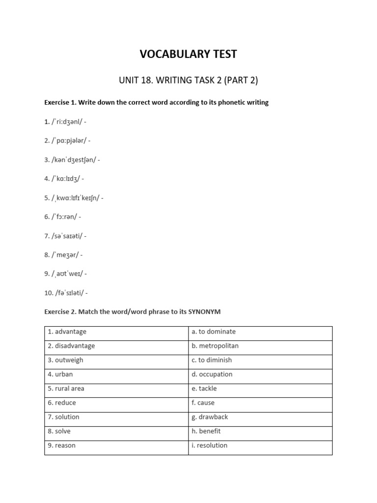 Vocab Test - Unit | PDF