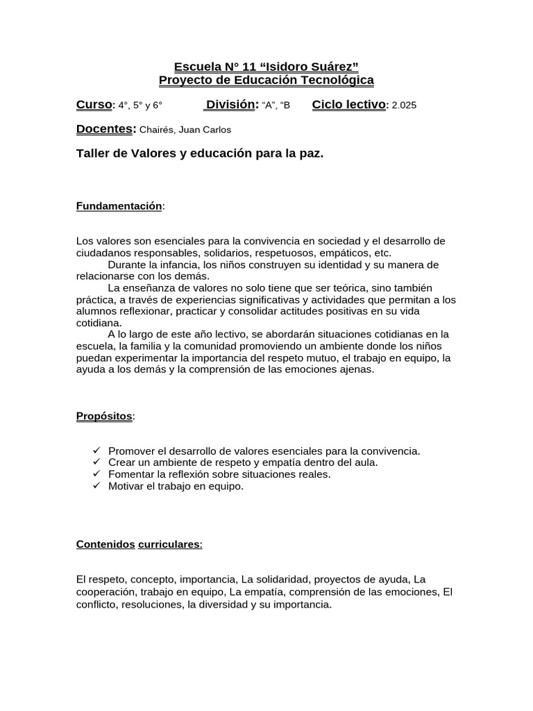 Proyecto Valores | PDF | Enseñando | Evaluación