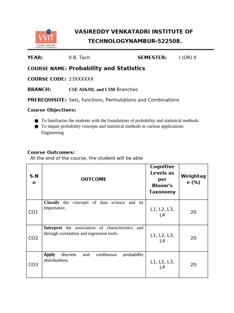 P&S - R23 Syllabus and Model Paper | PDF | Probability Distribution ...