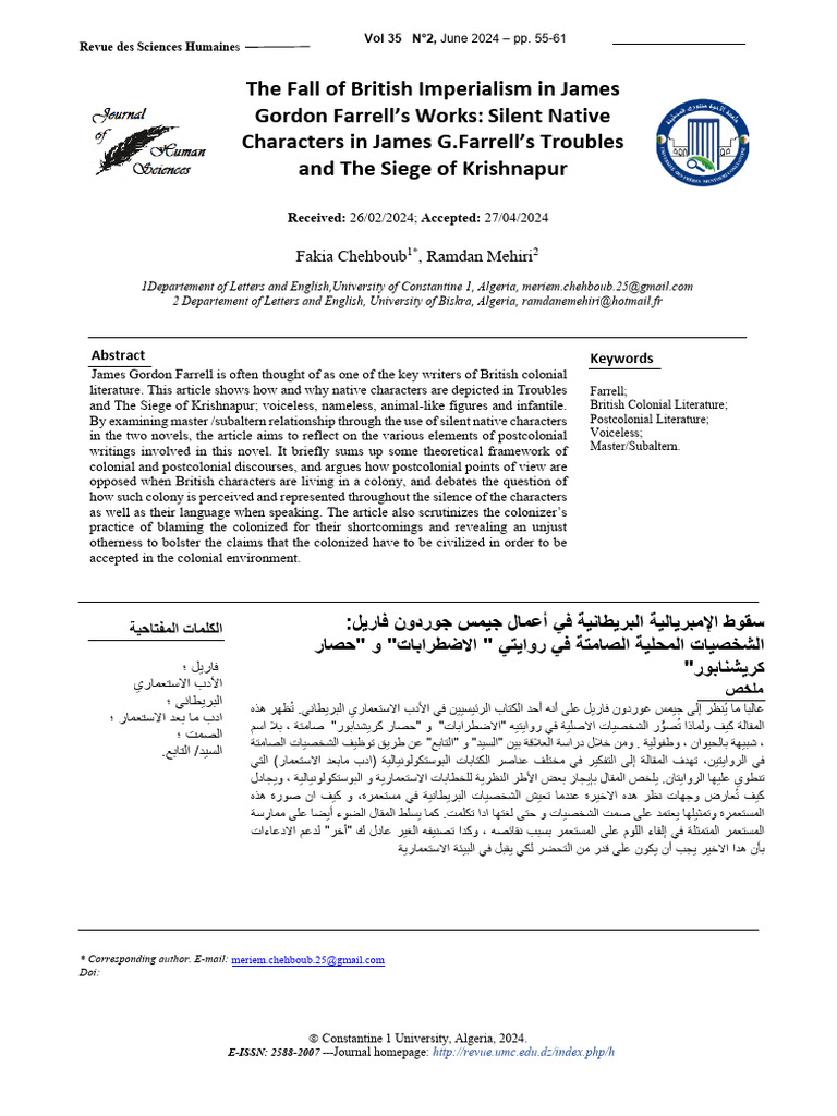 The Fall of British Imperialism in James Gordon Farrell's Works Silent ...