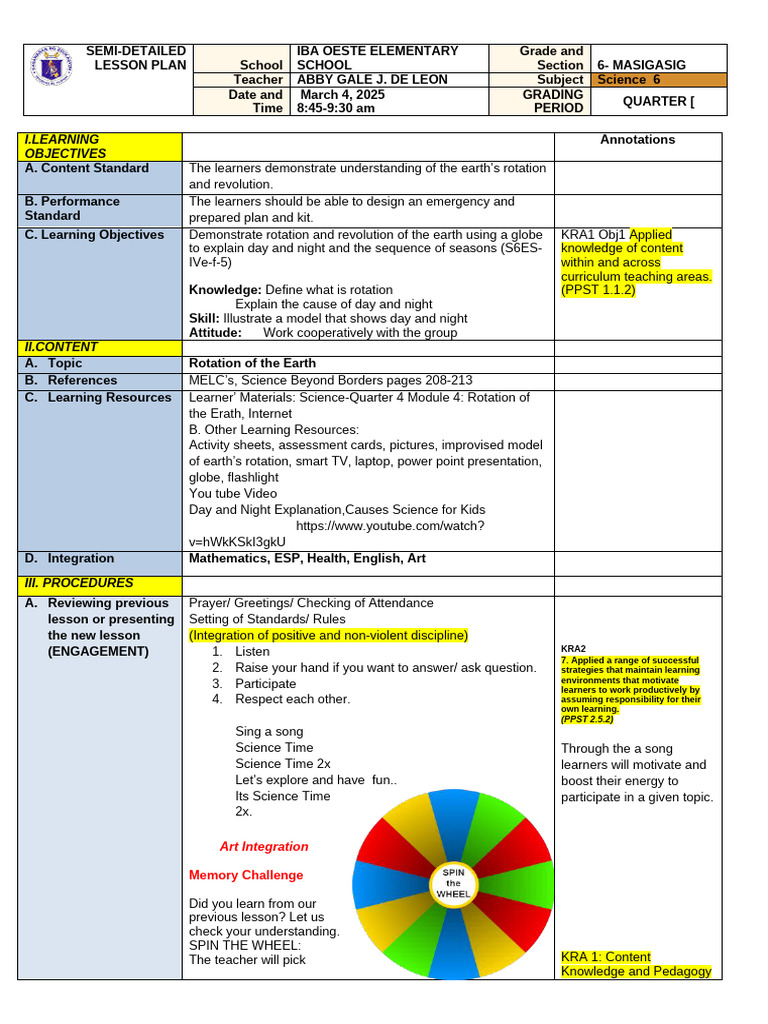 LP-Science-Q4-Rotation-of-the-Earth | PDF | Learning | Pedagogy
