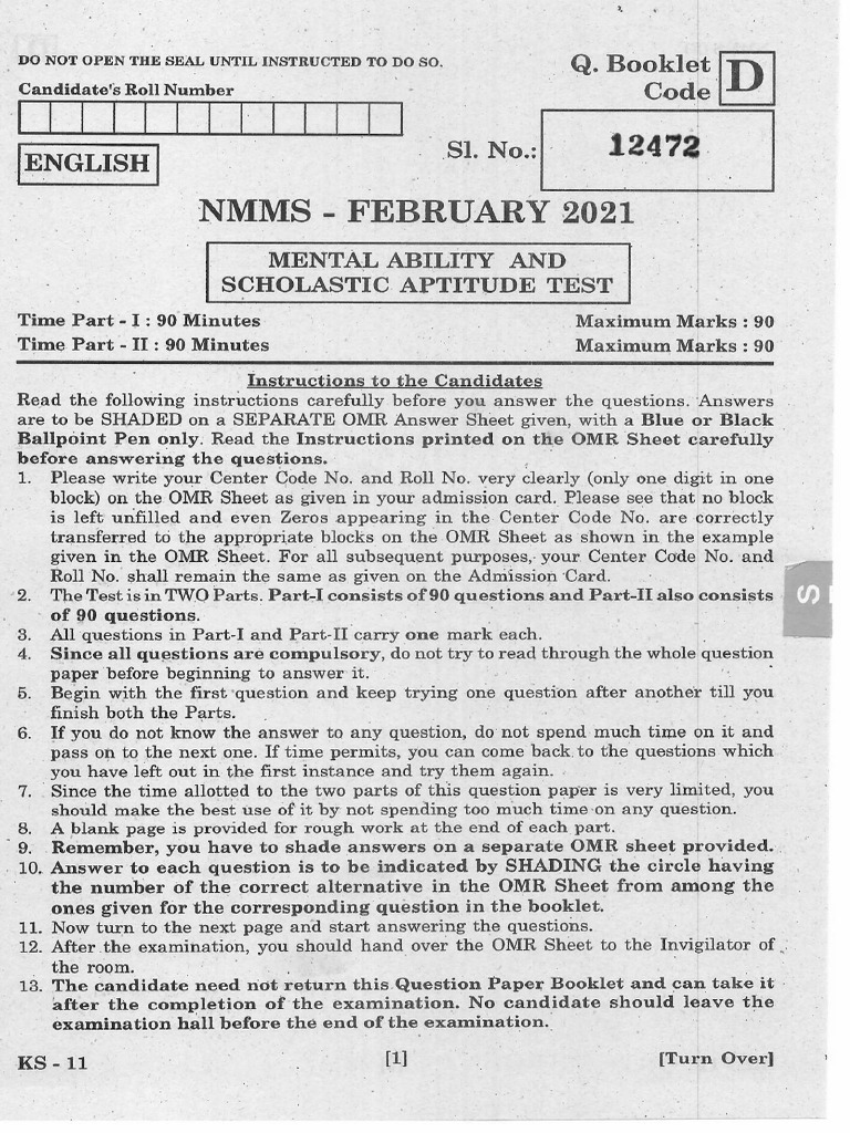NMMS Feb 2021 - Booklet Code-D (English Medium) | PDF