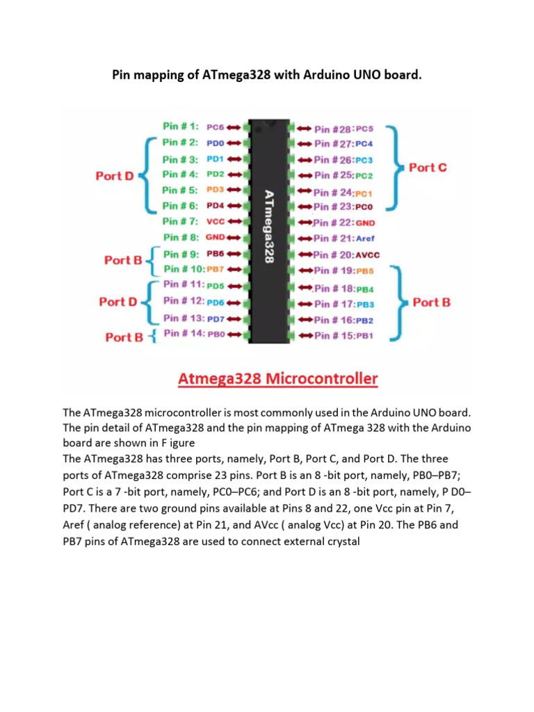 Pin Mapping of ATmega328 With Arduino UNO Board | PDF | Arduino | Electrical Engineering